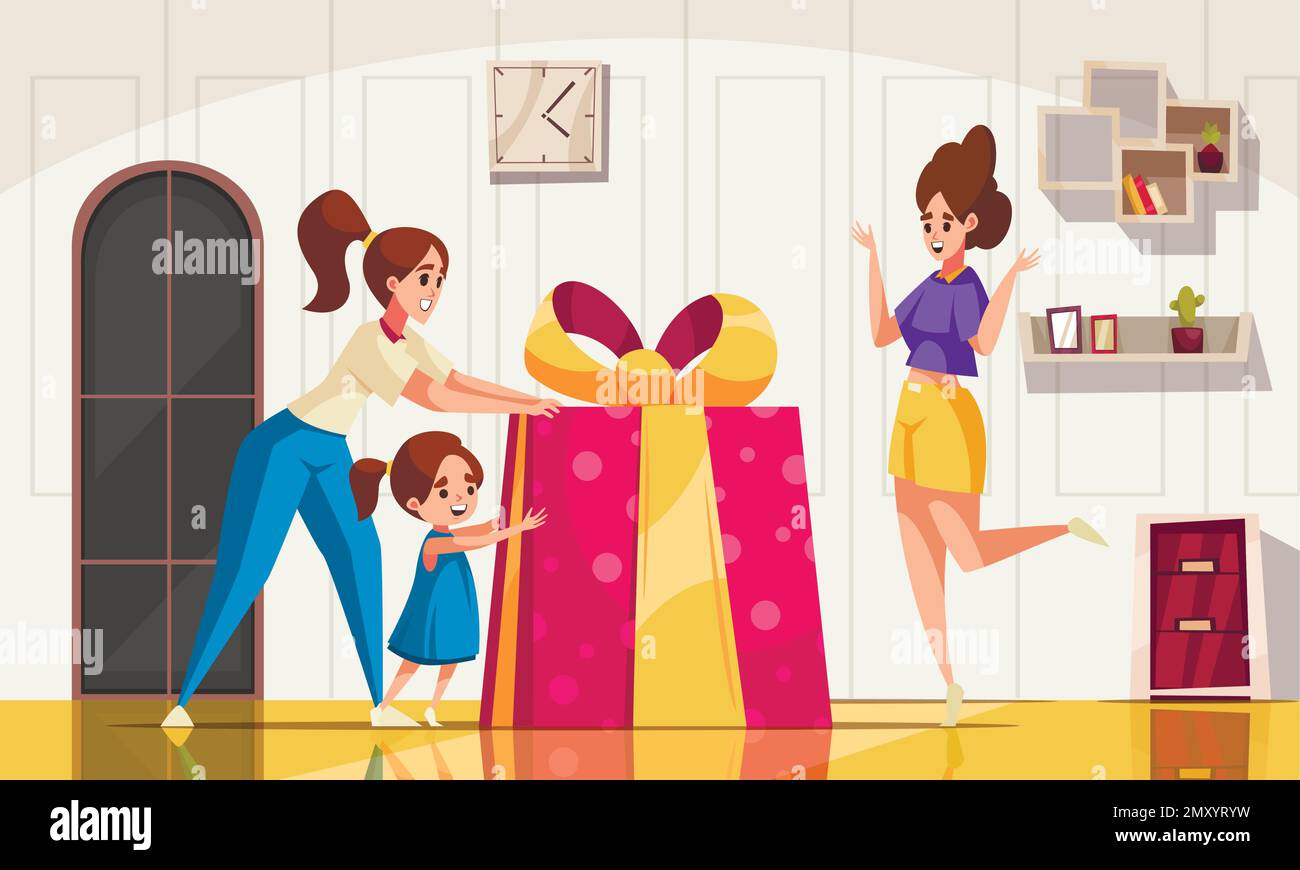 Holiday present giving scene with girl making a gift to mom vector ...