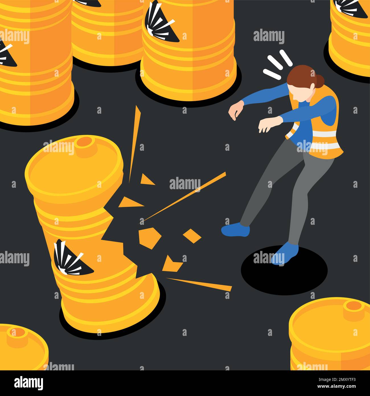 Safety precaution at work place isometric concept with barrel exploding ...