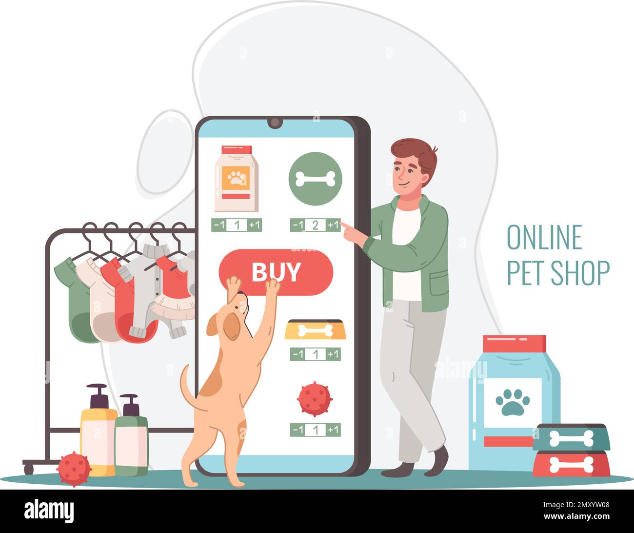 Online pet shop cartoon composition with dog pressing buy button on big ...