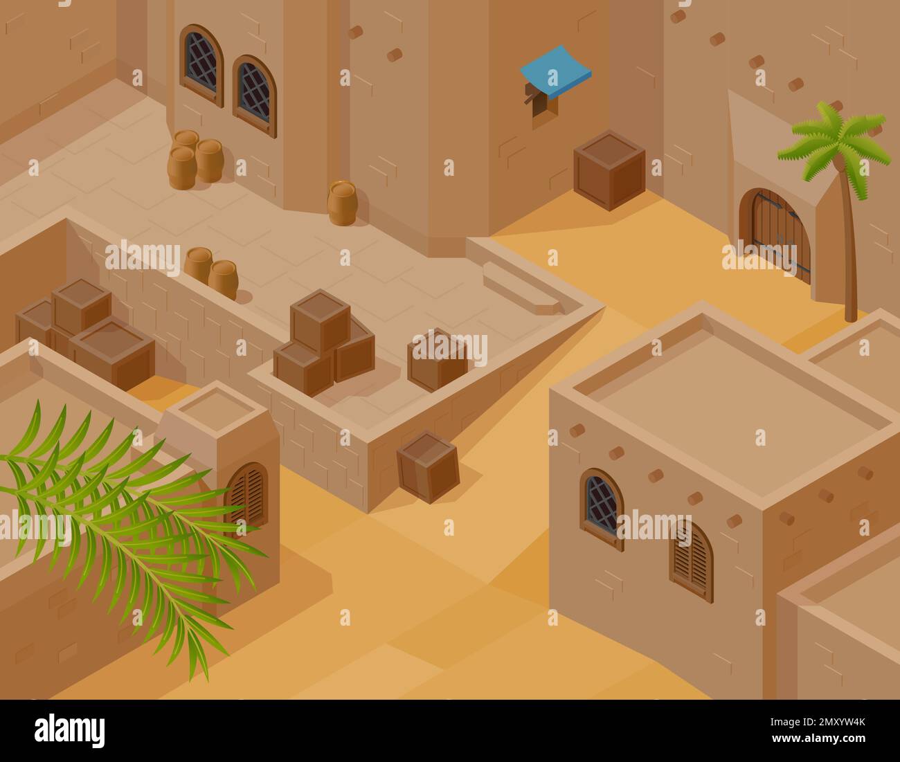 Fragment of desert landscape with traditional mud brick houses ...