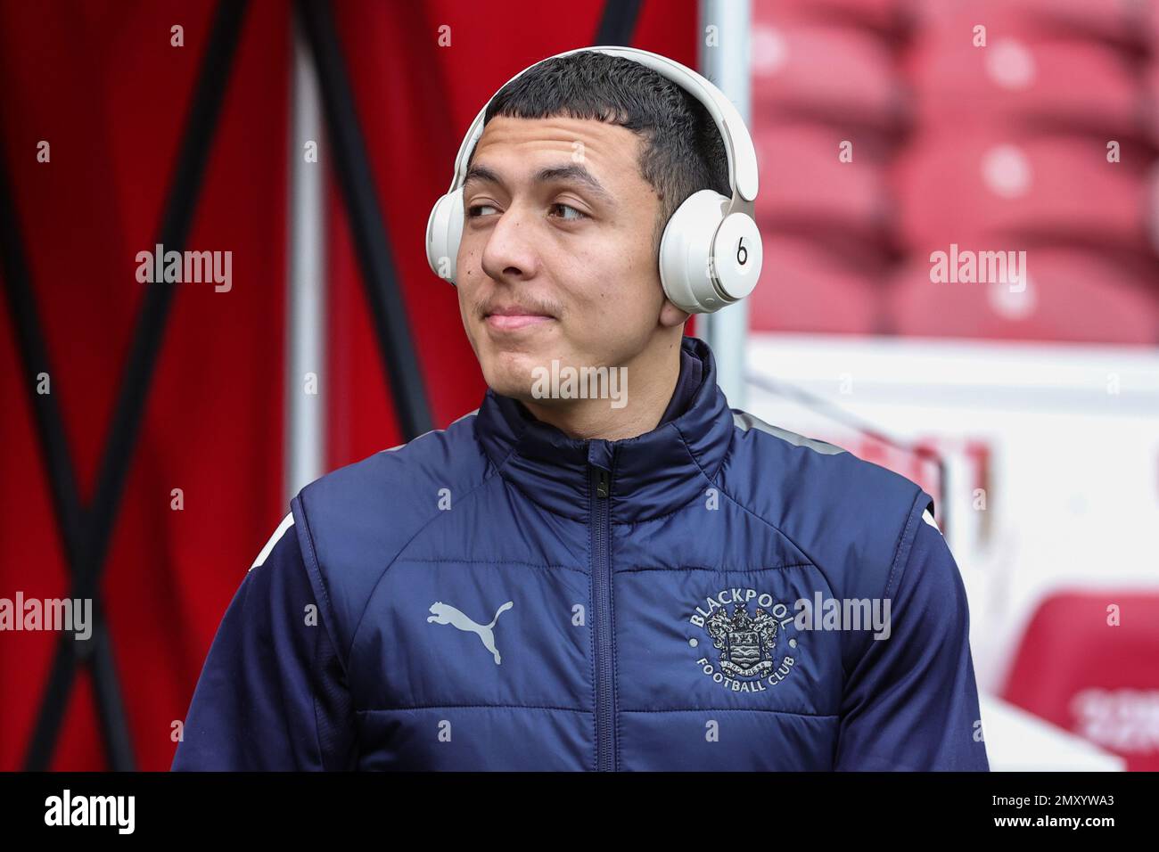 Ian Poveda #26 of Blackpool arrives at the Riverside Stadium during the ...
