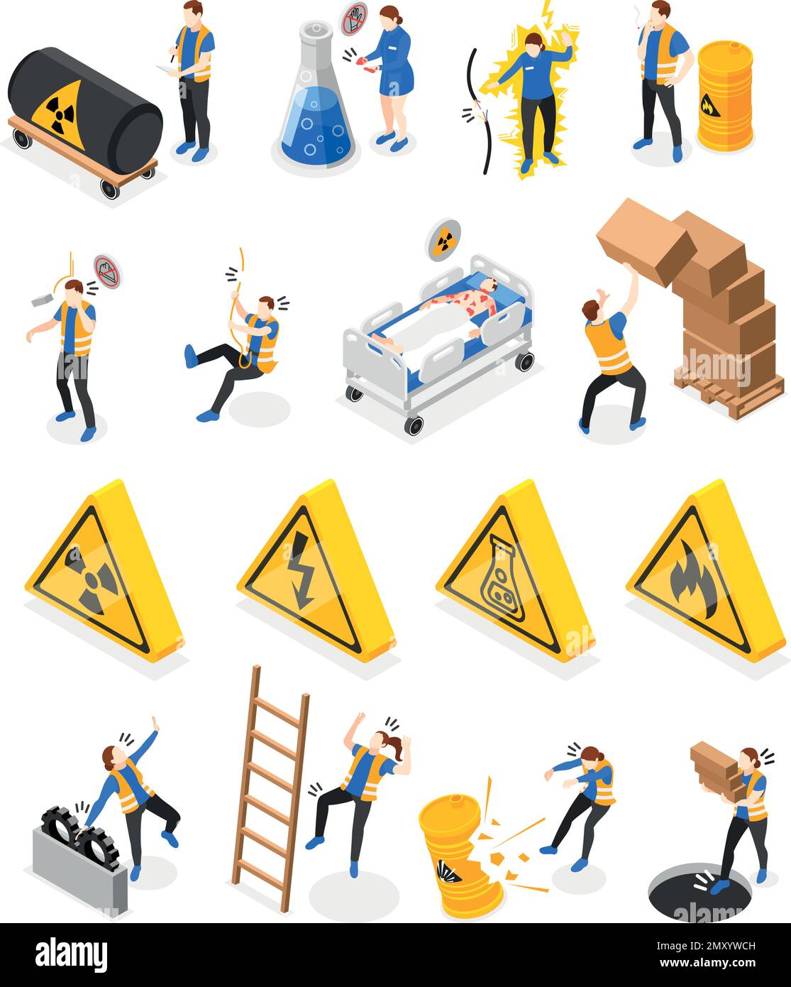 Safety precaution at workplace isometric icons set isolated vector ...