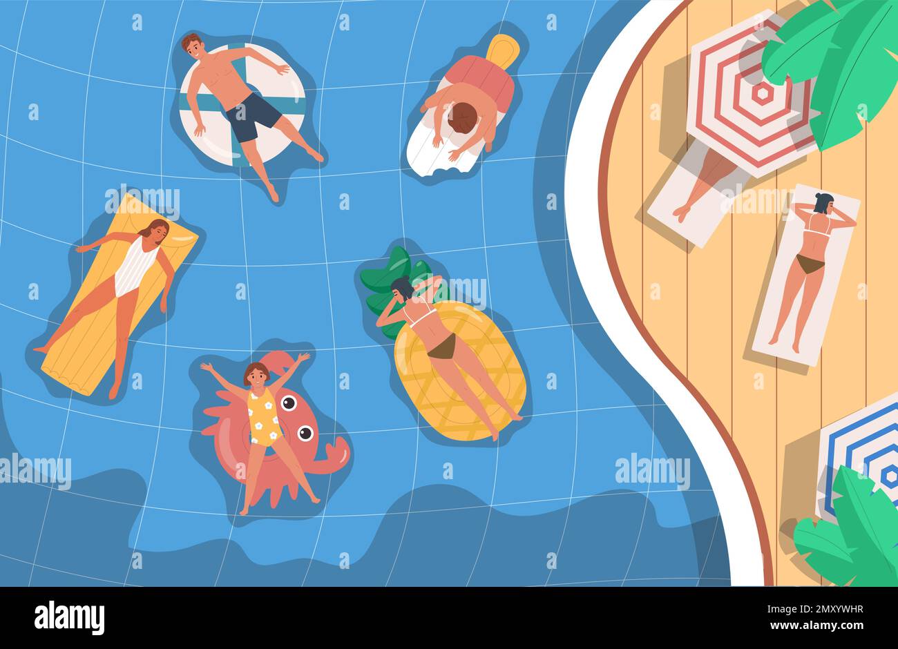 People lying on inflatable toys in swimming pool top view flat ...