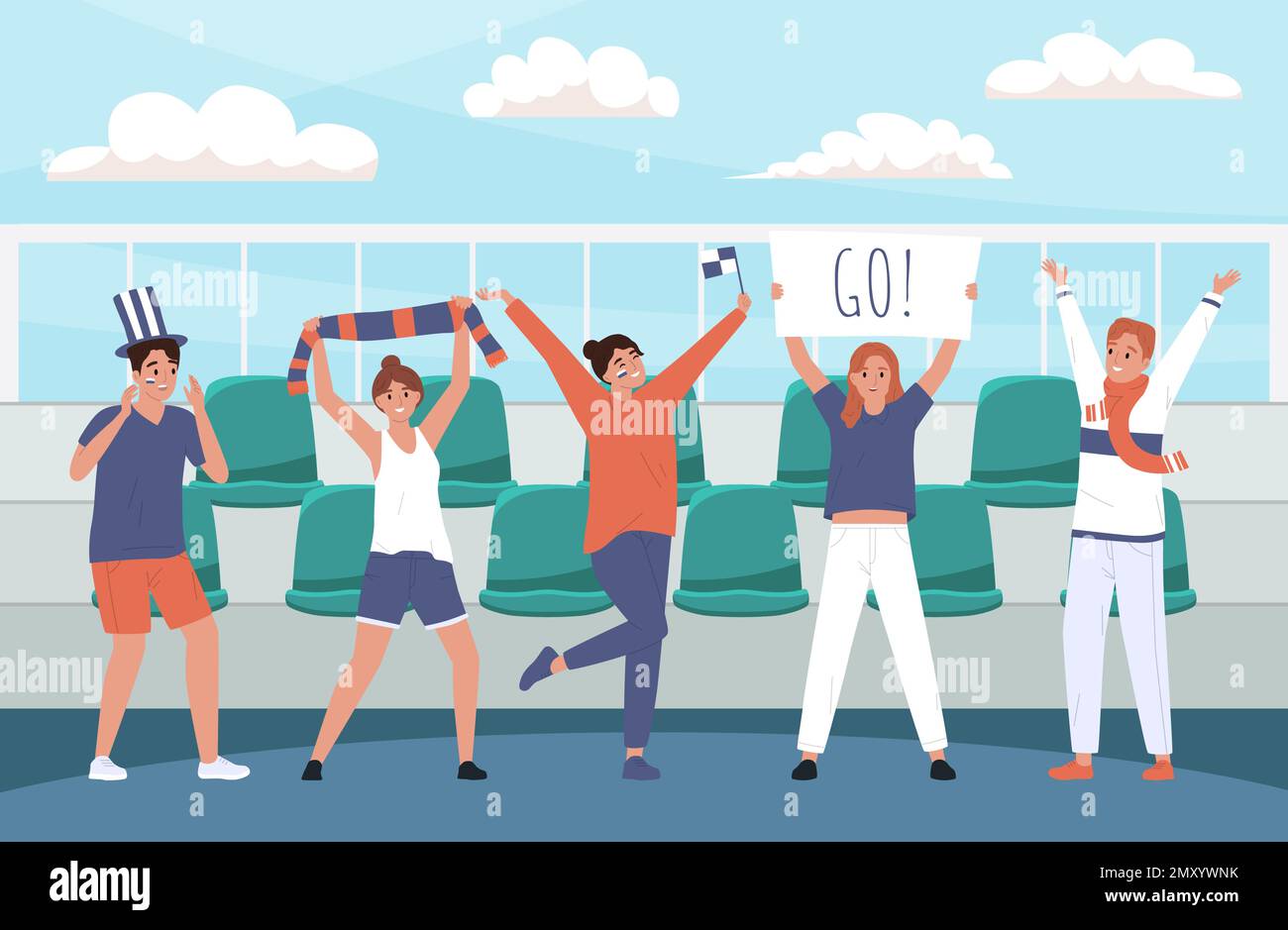 Group of happy sport fans with various attributes supporting team on ...