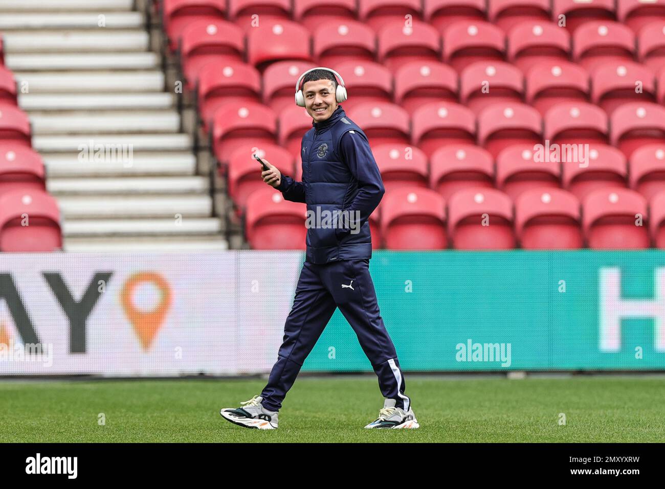 Ian Poveda #26 of Blackpool arrives at the Riverside Stadium during the ...