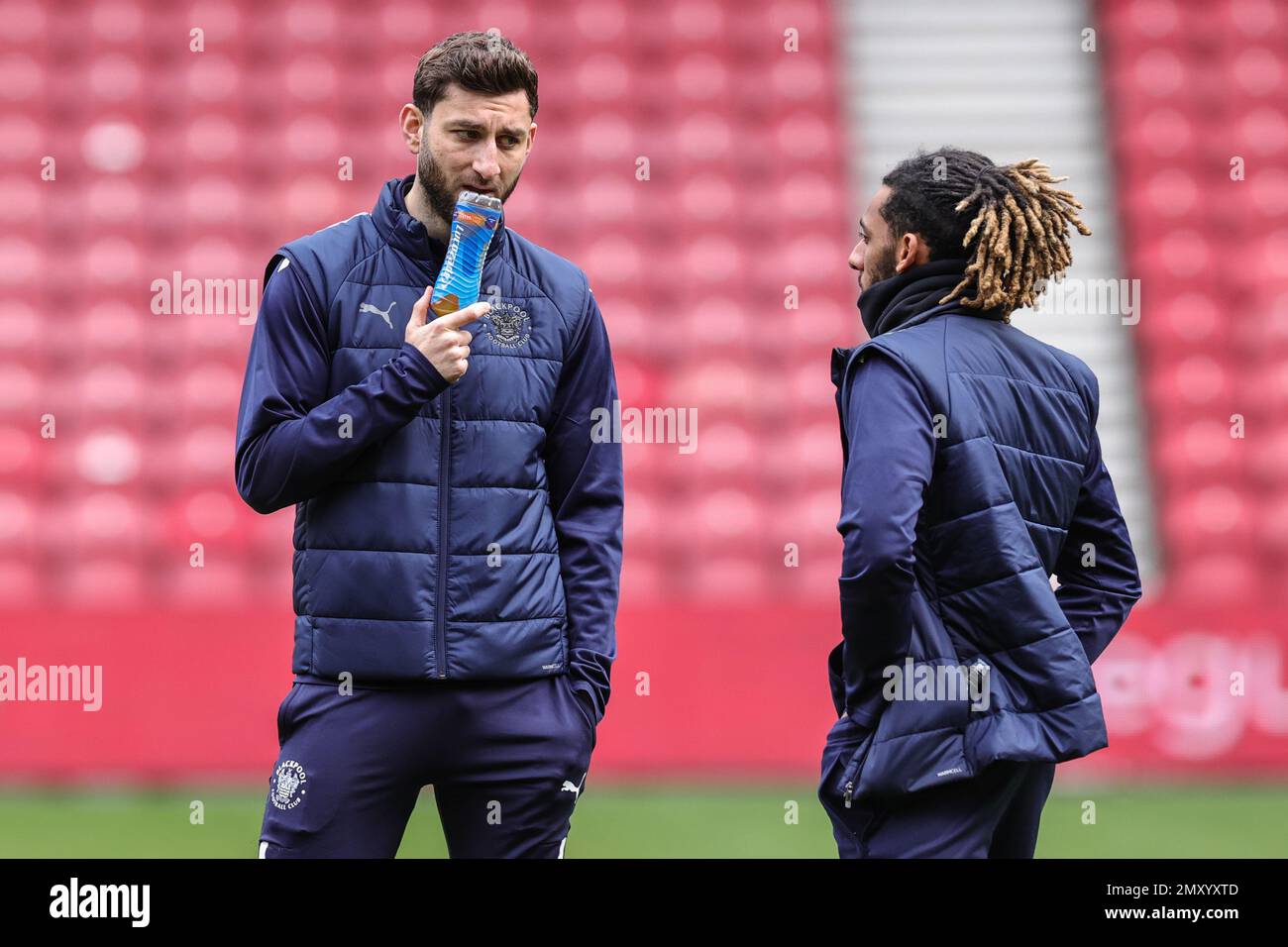 Charlie Goode #27 of Blackpool and Dominic Thompson #23 of Blackpool ...