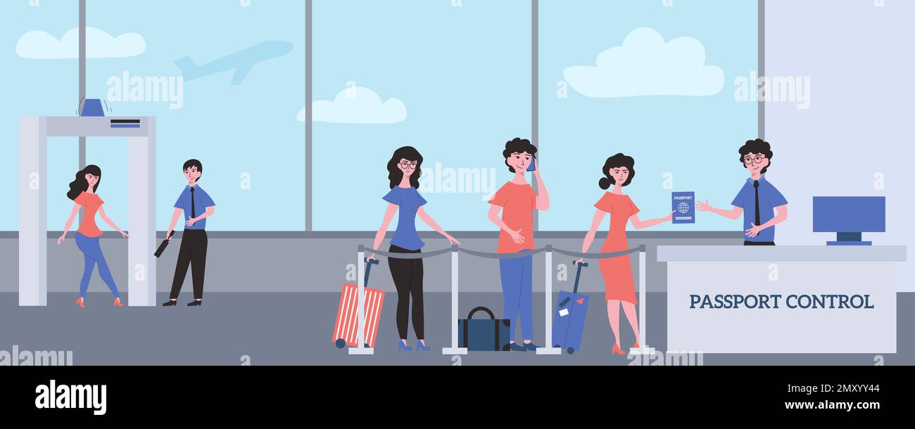 Customs control flat composition with indoor scenery of airport ...