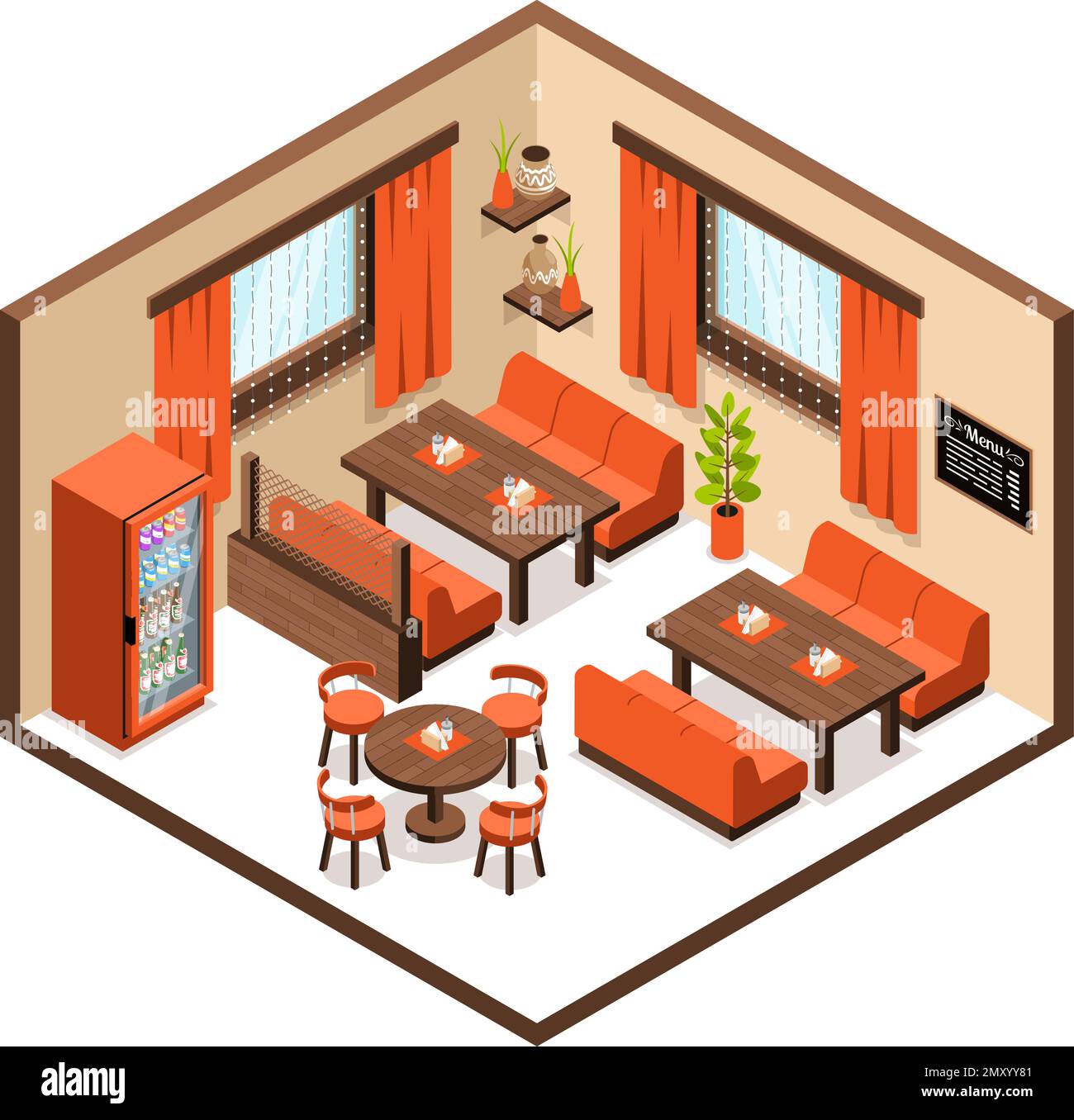 Isometric restaurant interior concept with dining furniture and fridge ...