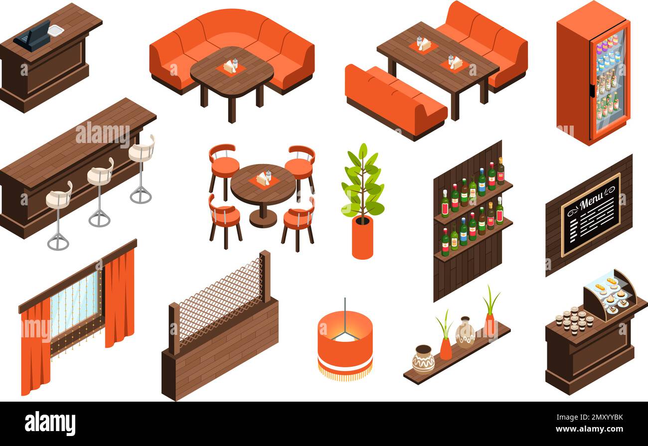 Isometric restaurant interior icons set with furniture and decor items ...