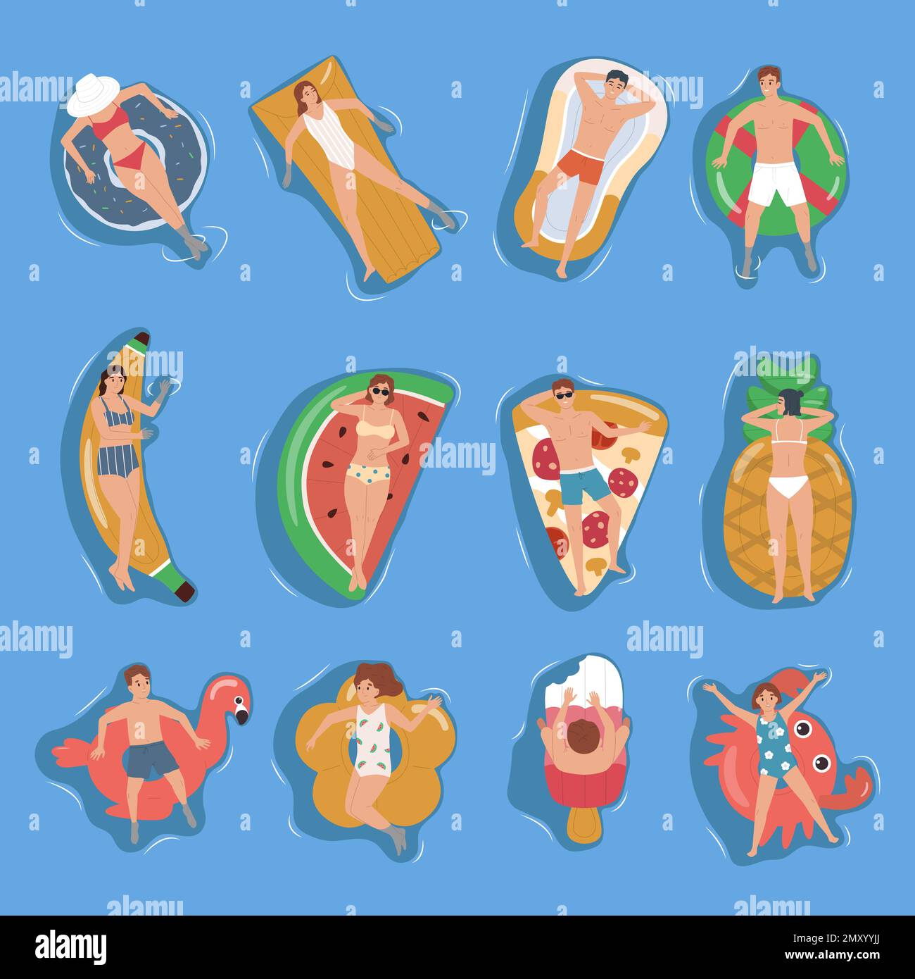 People floating on colorful inflatable toys of different shapes top ...