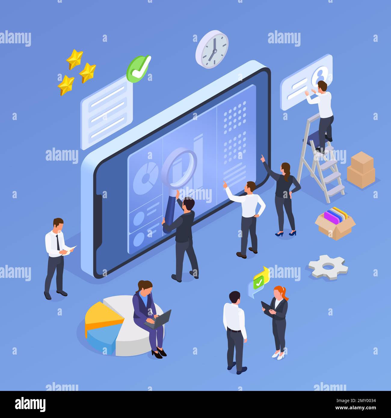 Business software design concept with people working on development management customer relation ...