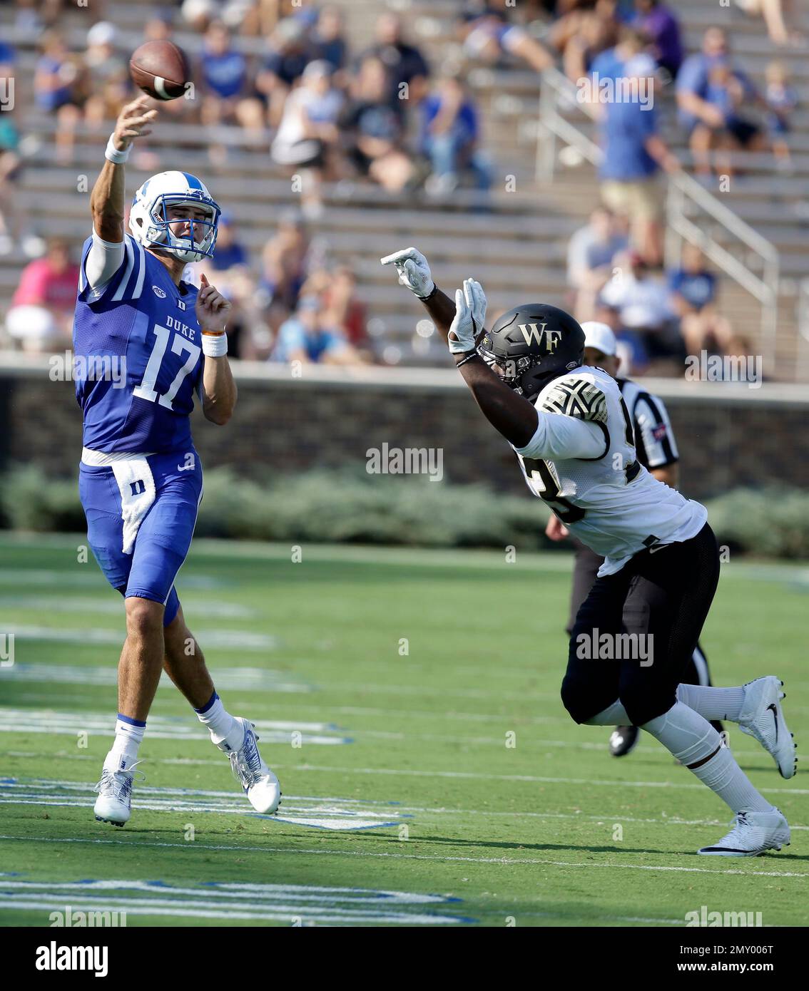 Duke quarterback Daniel Jones (17) passes as Wake Forest's Duke Ejiofor ...