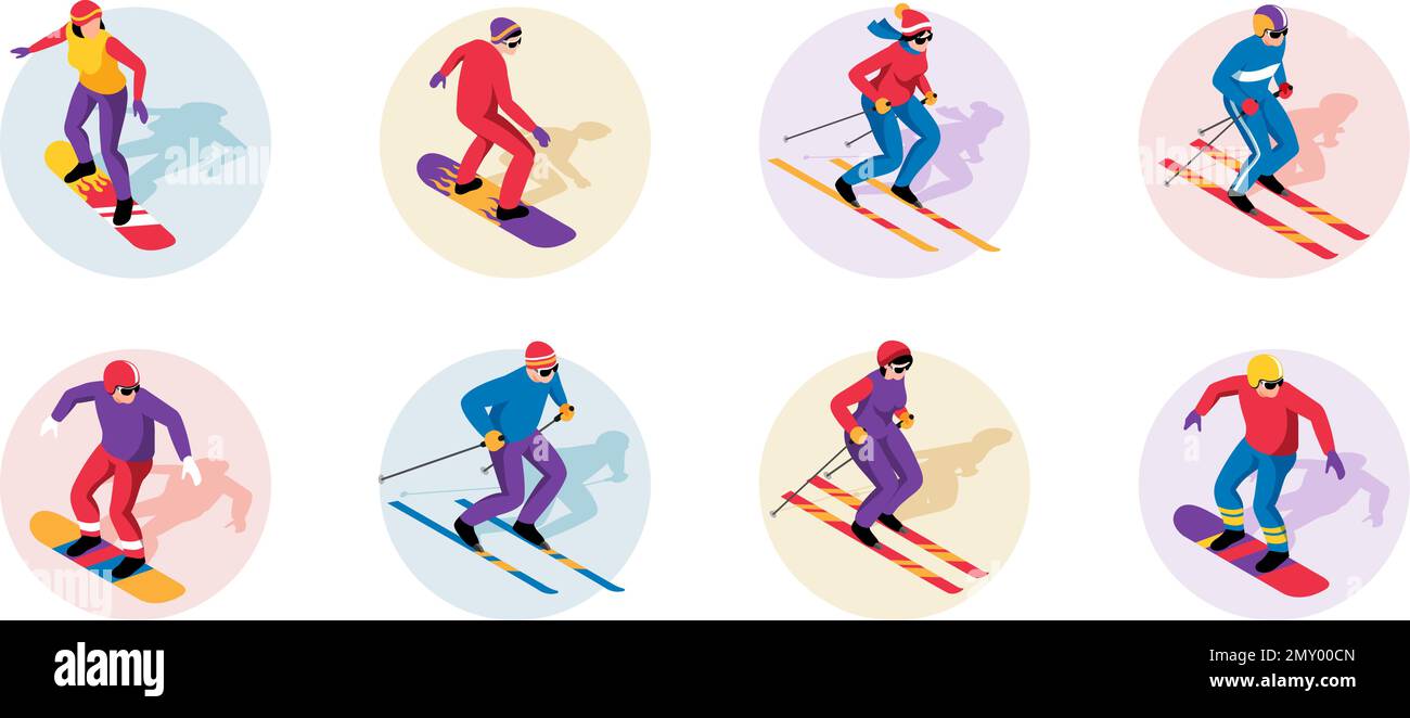 Isometric ski resort icons set with sportsmen doing extreme sports ...