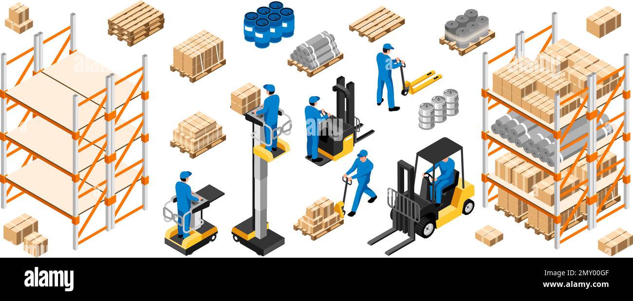 Isometric warehouse interior icons set with workers loading boxes with ...
