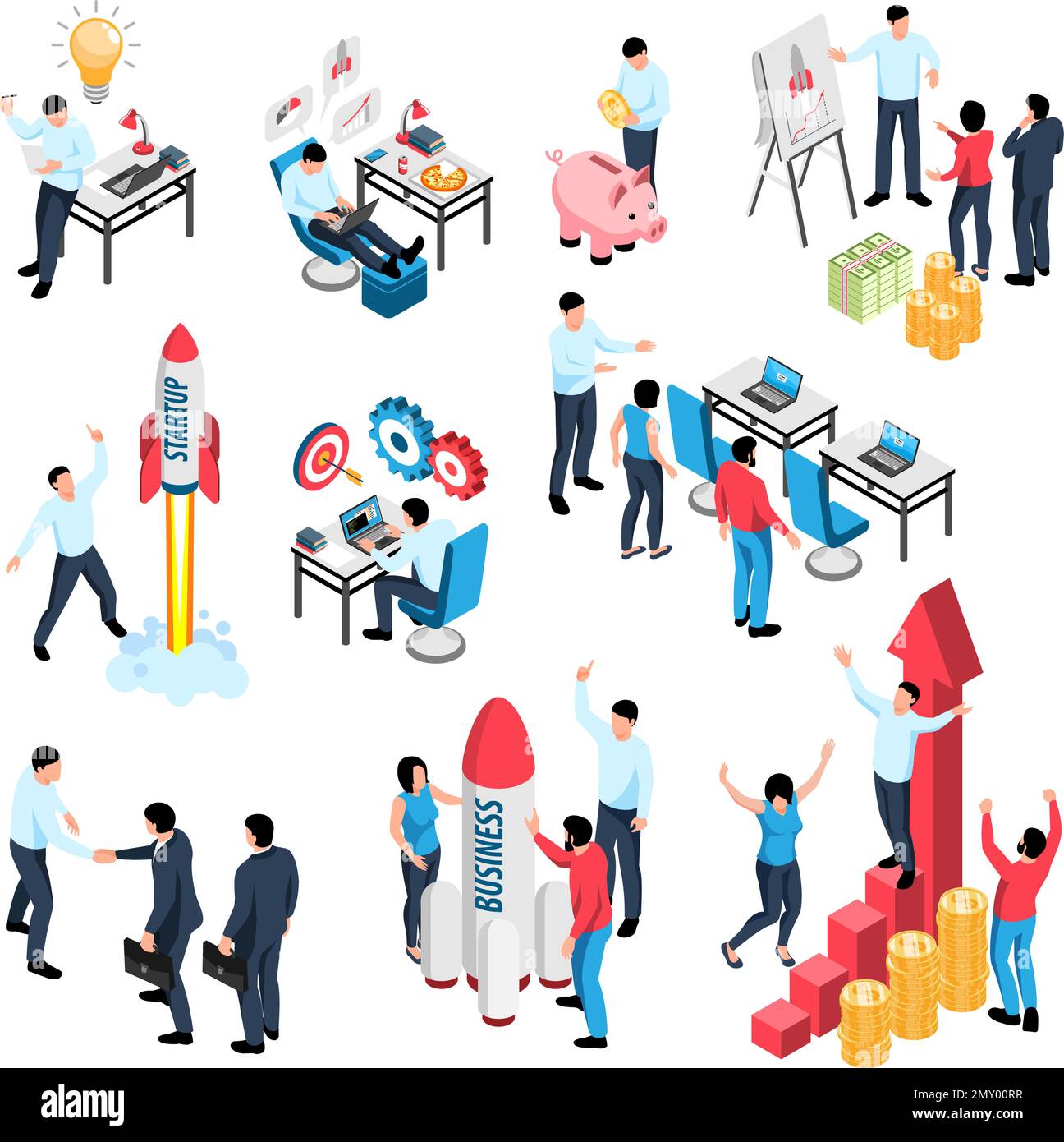 Isometric business growth icons set with business development symbols ...