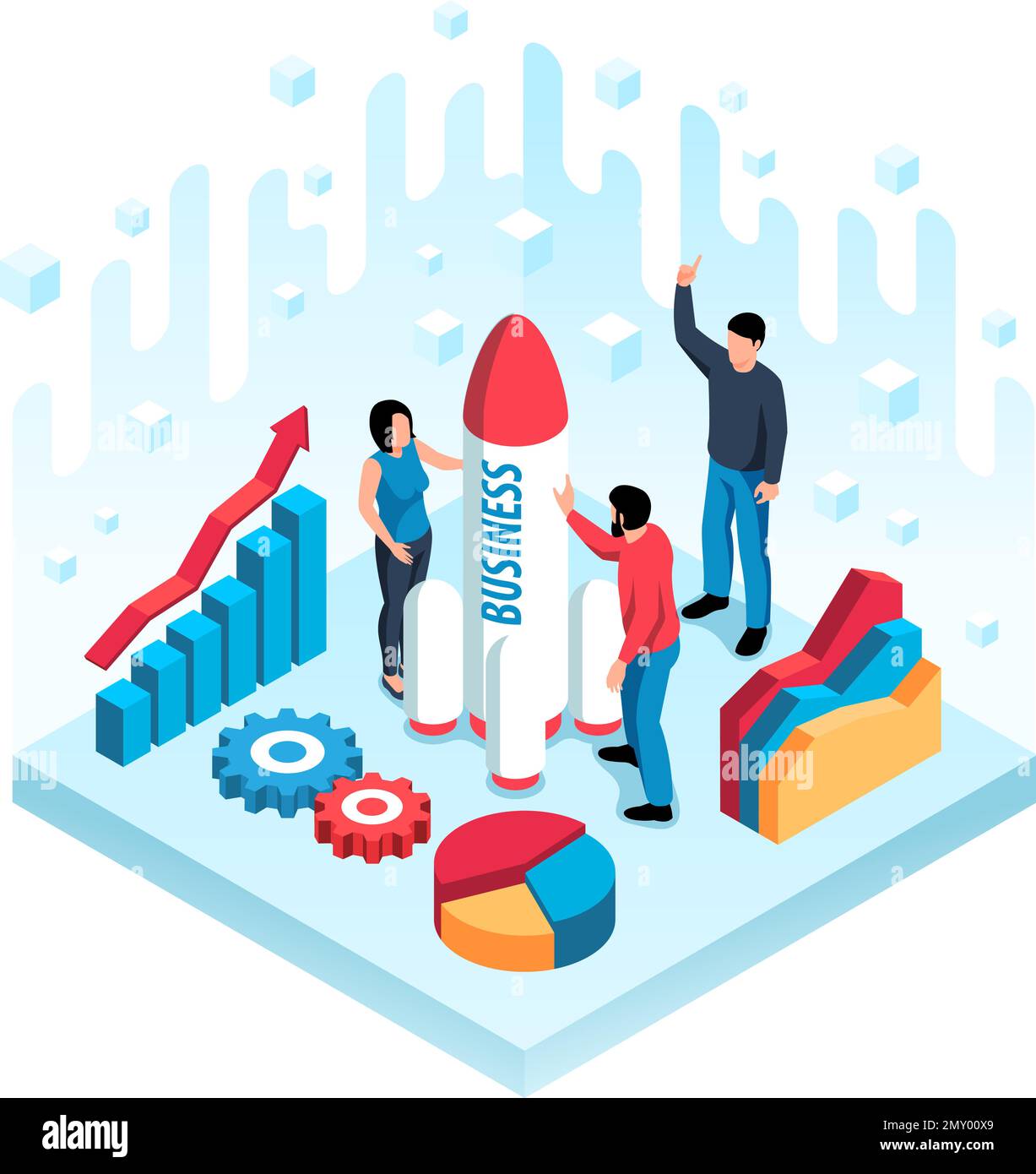 Isometric business growth abstract concept with startup rocket launch ...