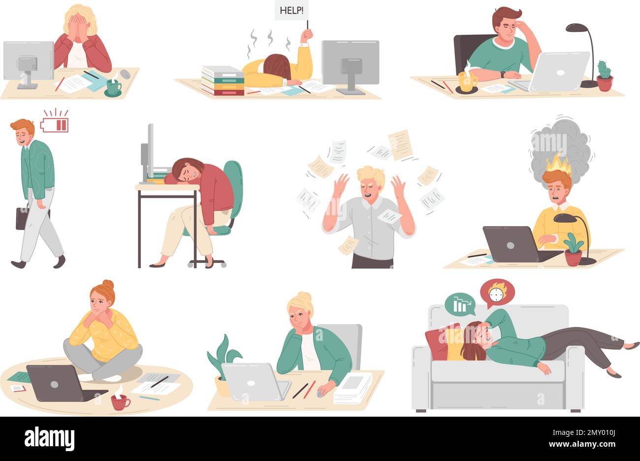 Cartoon set of people at their work places suffering from professional ...