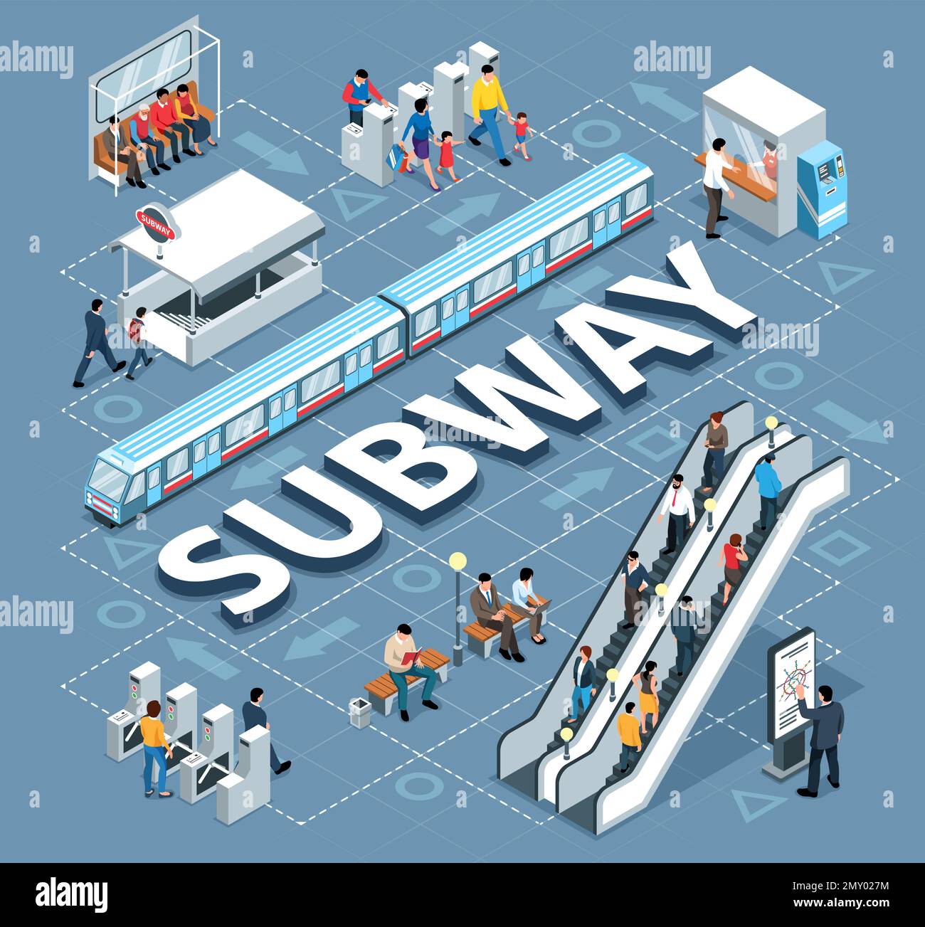 Isometric subway flowchart with underground passenger traffic routes ...