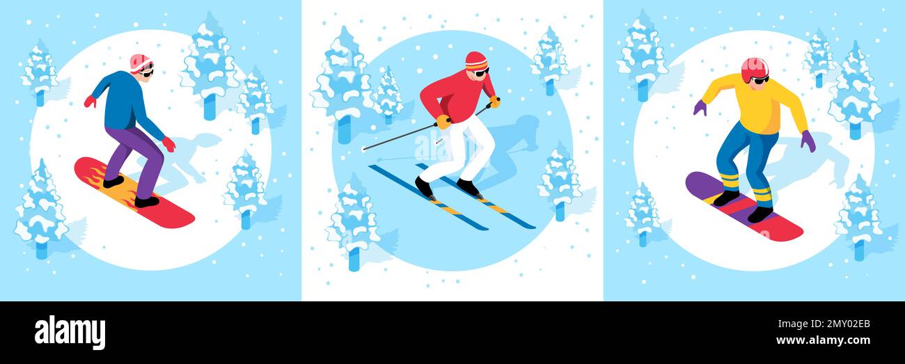 Isometric ski resort concept set with sportsmen skiing and snowboarding ...