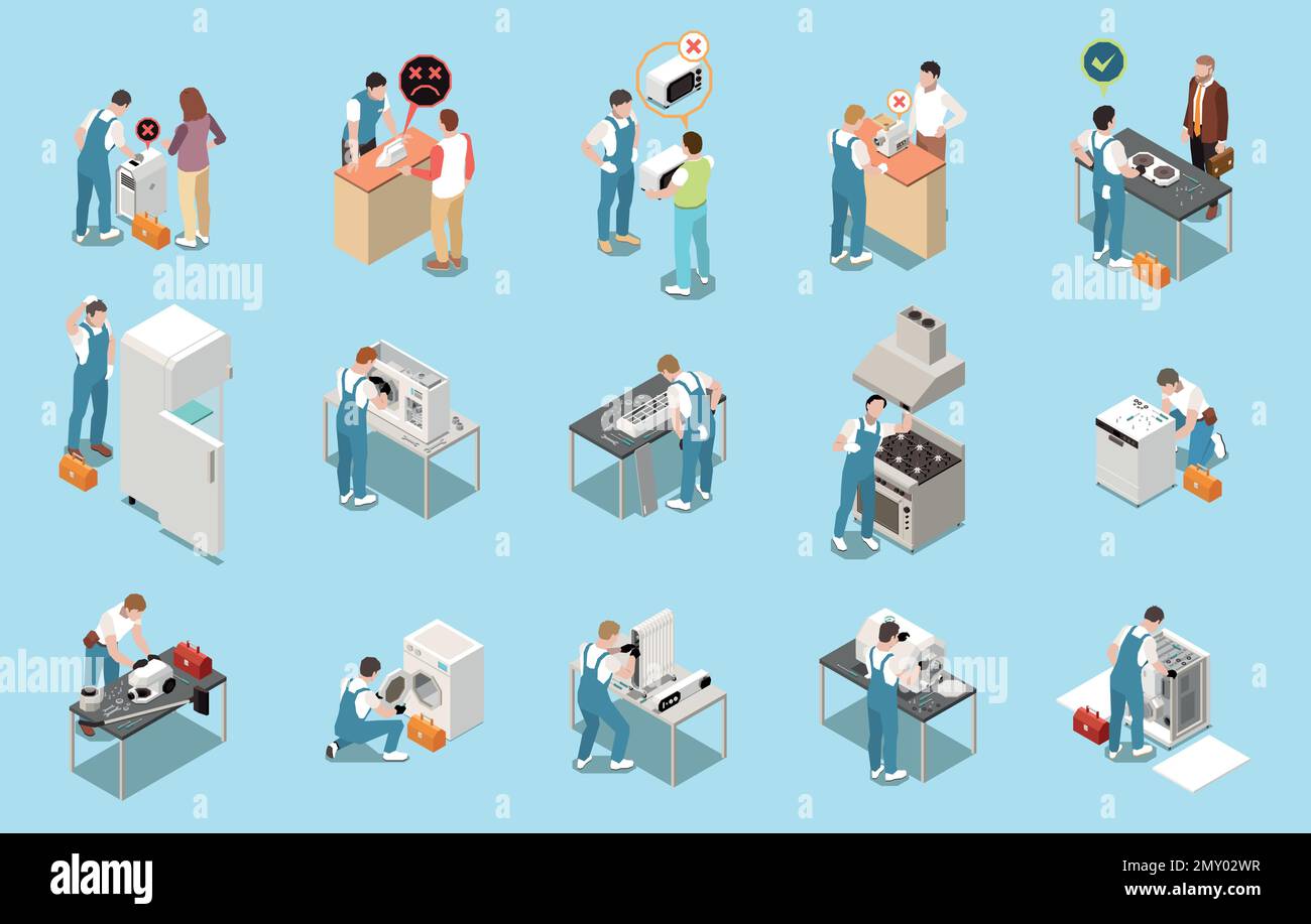 Home appliance repair service isometric set of House Call experts ...
