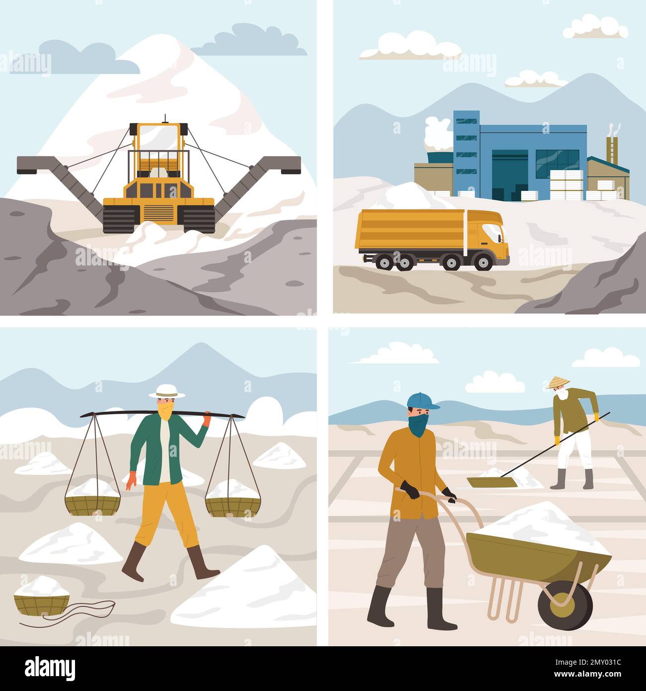 Salt production harvesting and collecting 2x2 flat set with machinery ...