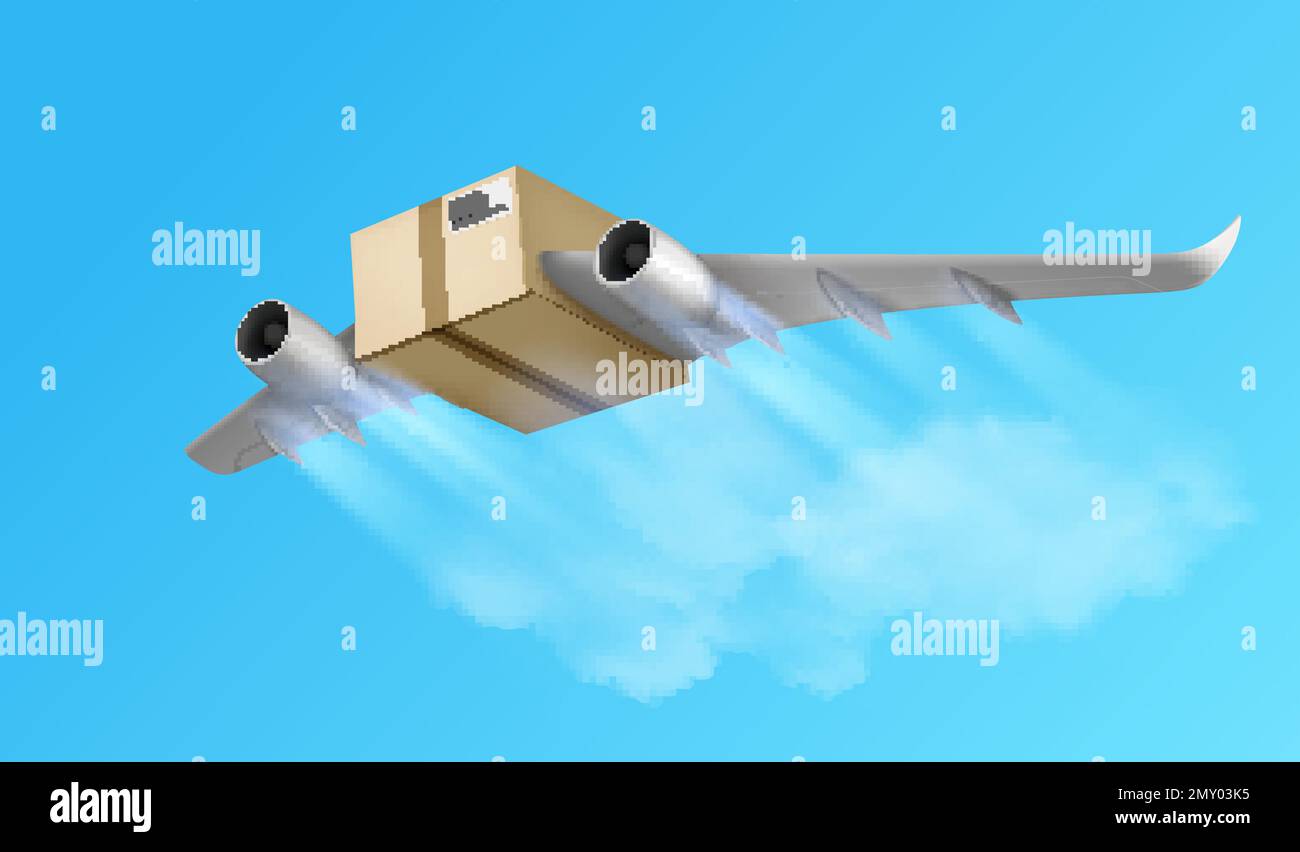 Flying box air delivery realistic composition with conceptual image of ...