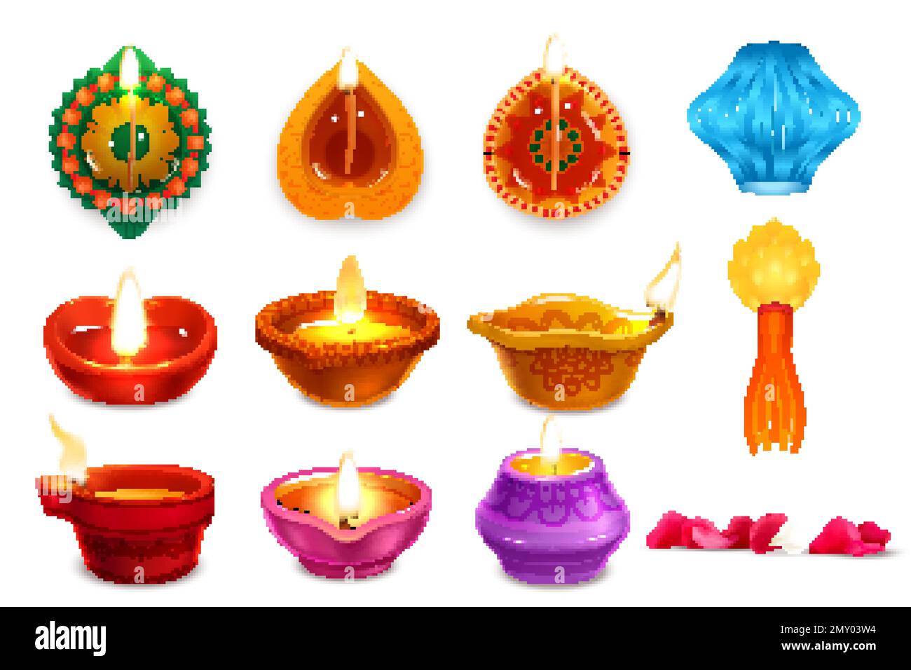 Realistic Diwali icons set with traditional lamps and other symbols ...