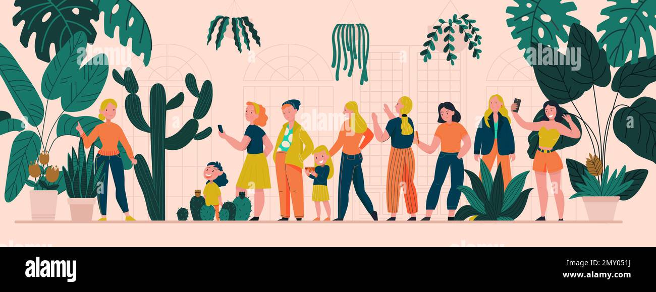 Botanical Garden flat poster with people having an excursion vector ...