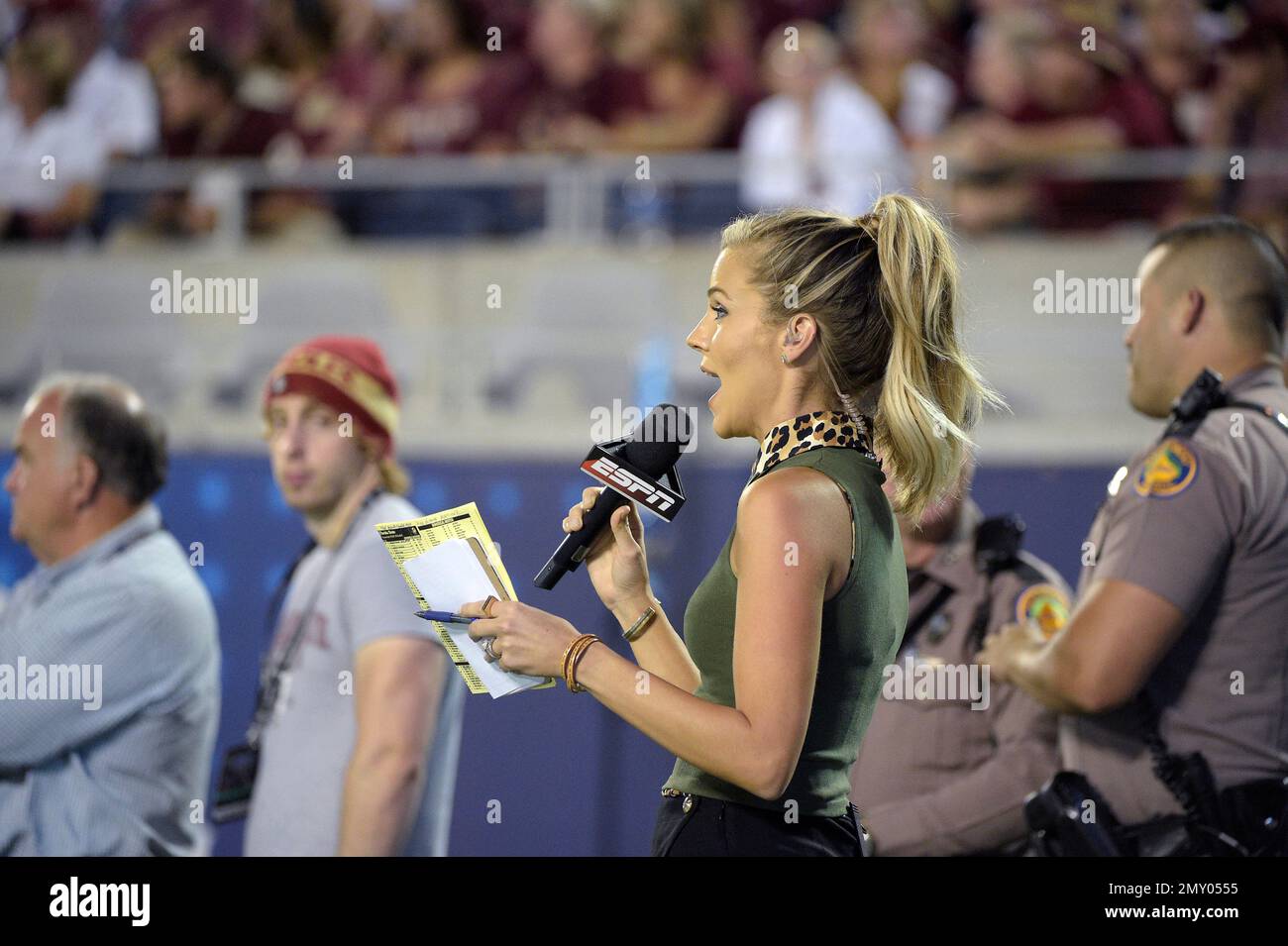 ESPN sideline reporter Samantha Ponder broadcasts from the field during ...