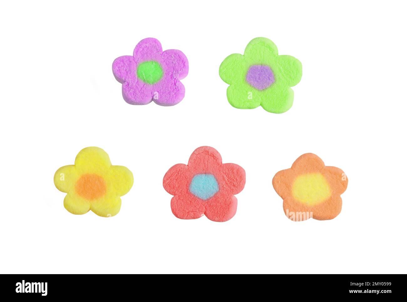 Pastel tone multi-colored flower shaped marshmallow candies isolated on ...