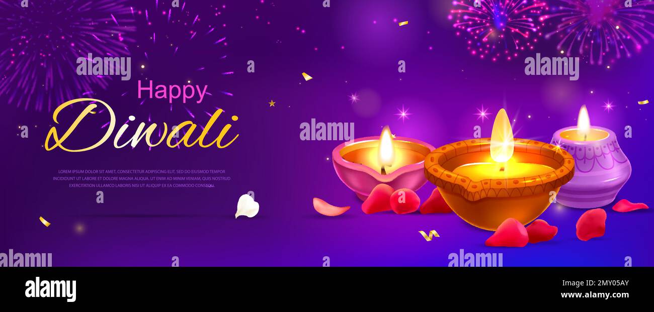 Realistic diwali poster with traditional lamps and fireworks vector ...