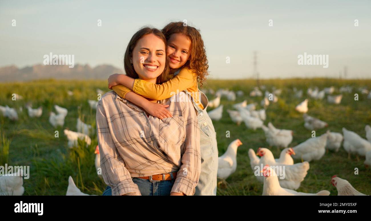 Hug, child and mother on a farm with chicken on mothers day, travel or ...