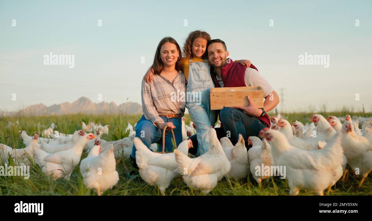 Farm, chicken and portrait of family with livestock in agriculture ...
