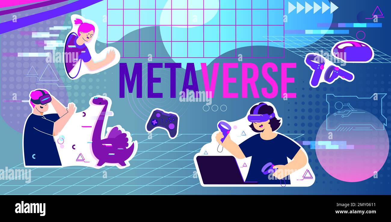 Metaverse flat collage composition with objects in virtual reality and ...