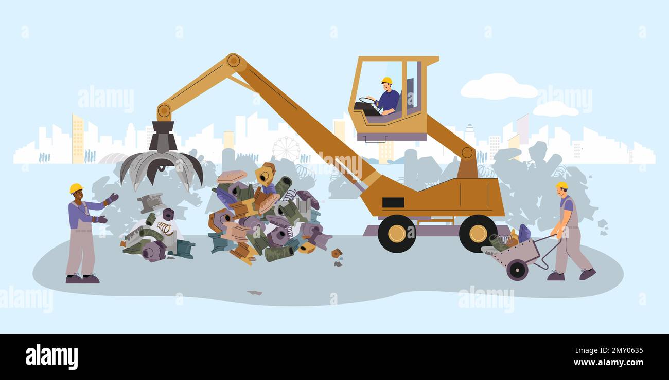 Scrap metal flat composition with cityscape background and view of ...