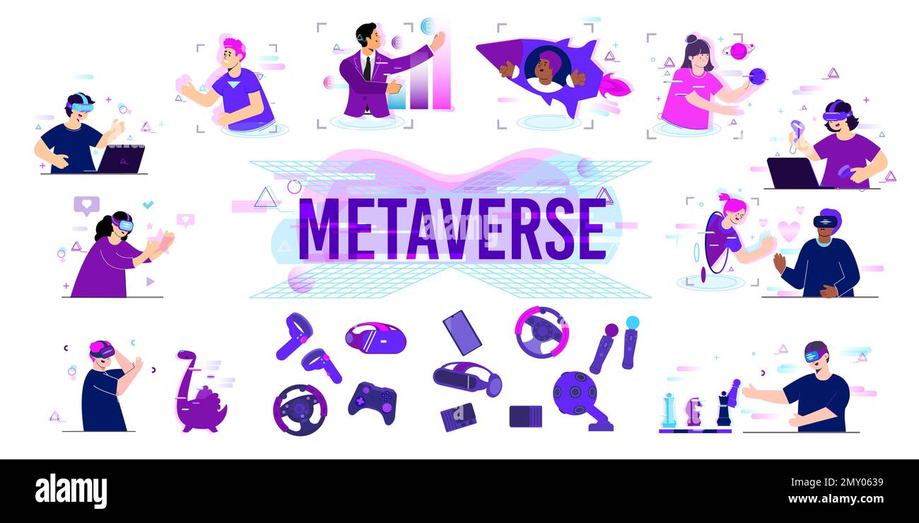 Metaverse flat set with isolated images of wearable gaming accessories ...