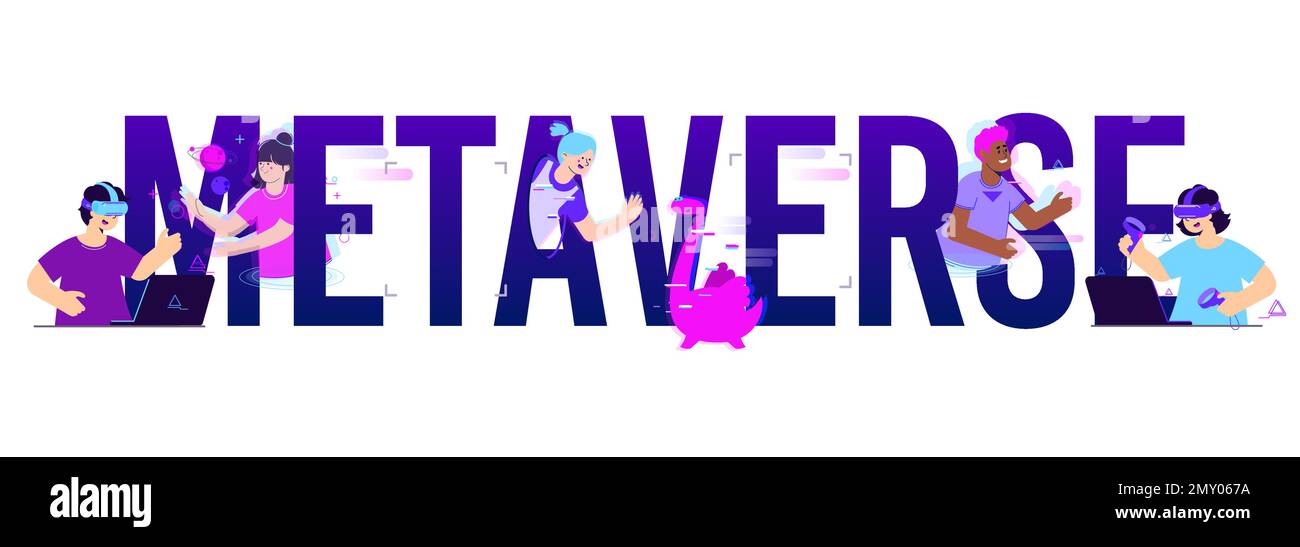 Metaverse flat text composition with neon gradient text and doodle ...