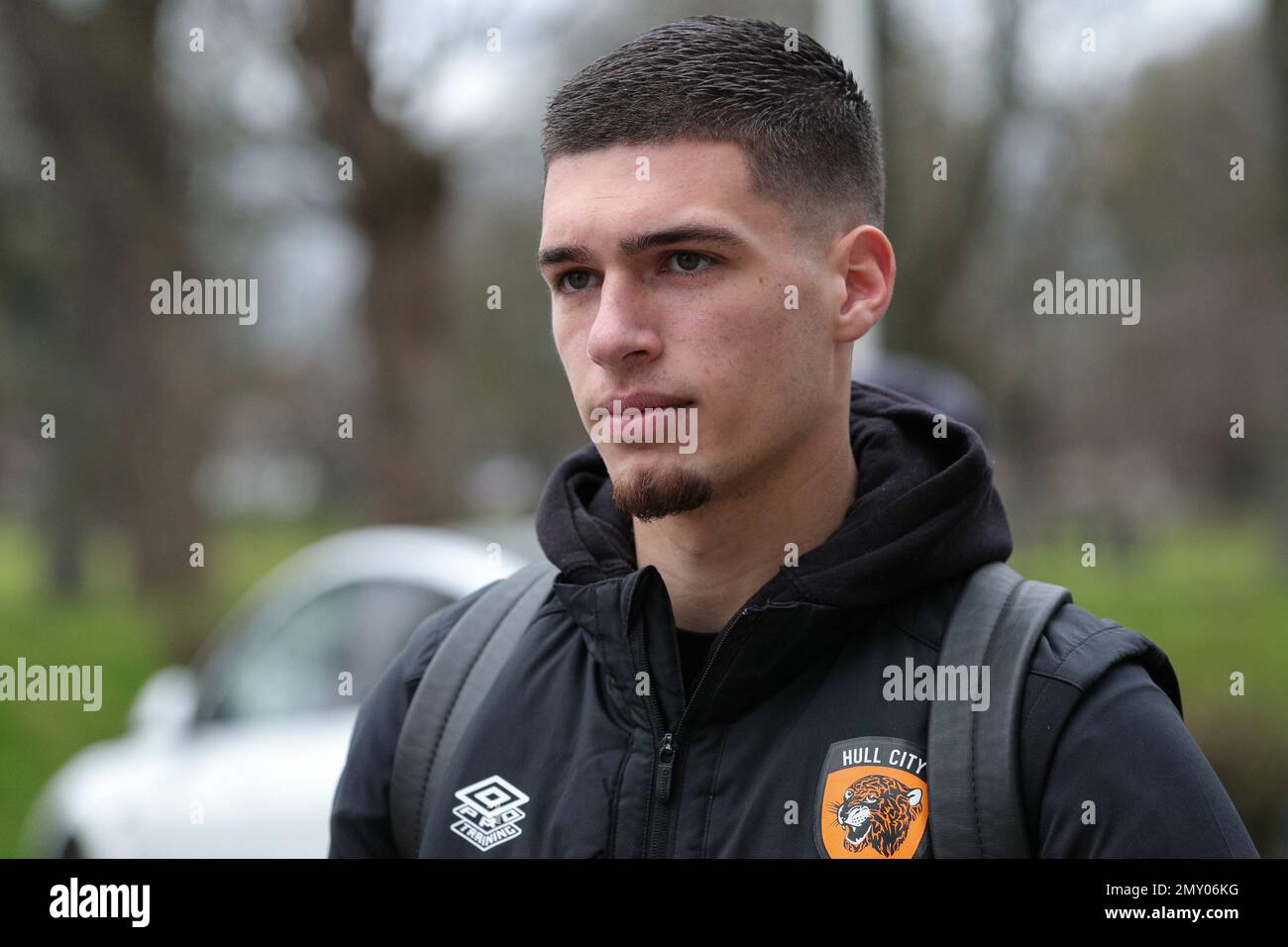 Xavier Simons #35 of Hull City arrives at The MKM Stadium ahead of the ...