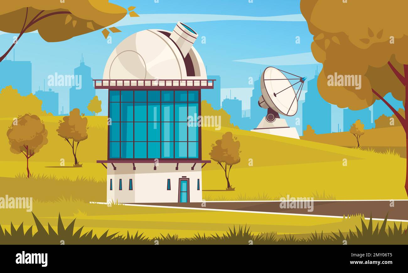Observatory and research background with planetarium symbols flat ...