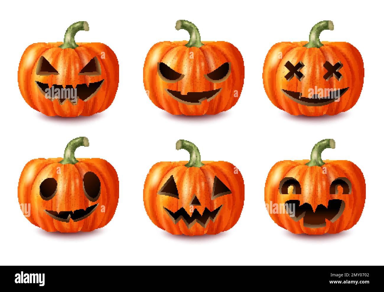Realistic carved spooky Halloween pumpkin icons set isolated vector ...