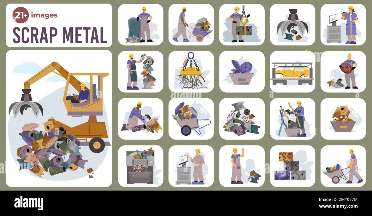 Scrap metal set with square shaped compositions of flat images with ...