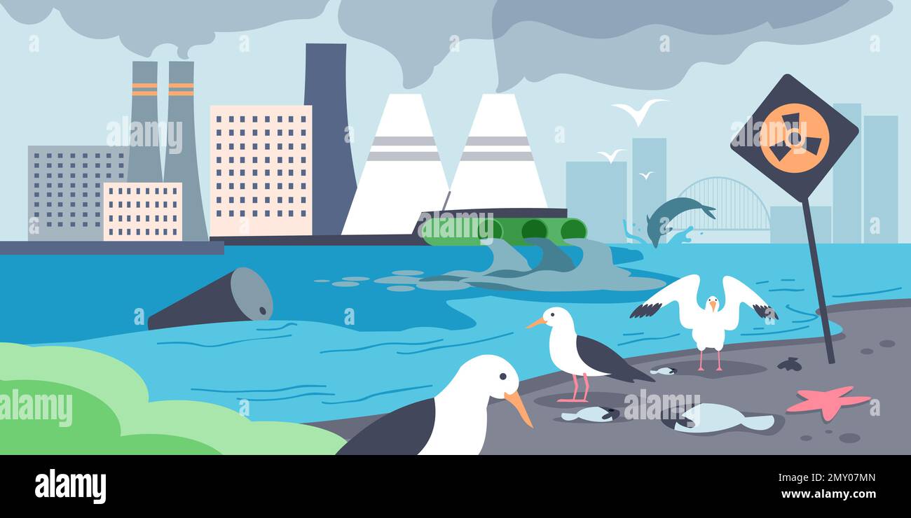 Water pollution flat concept with smoking plant pipes and dirty sea ...