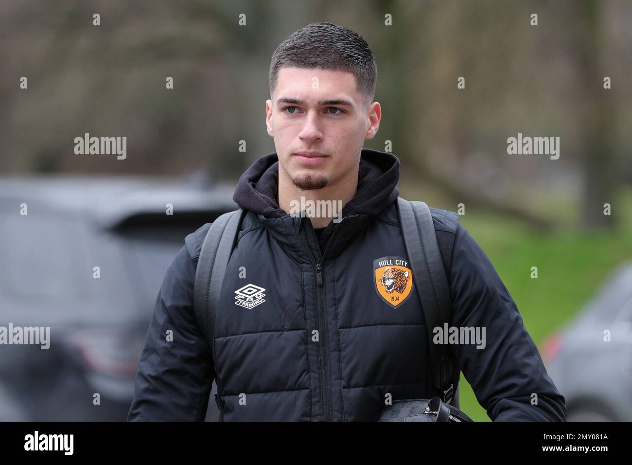 Xavier Simons #35 of Hull City arrives at The MKM Stadium ahead of the ...