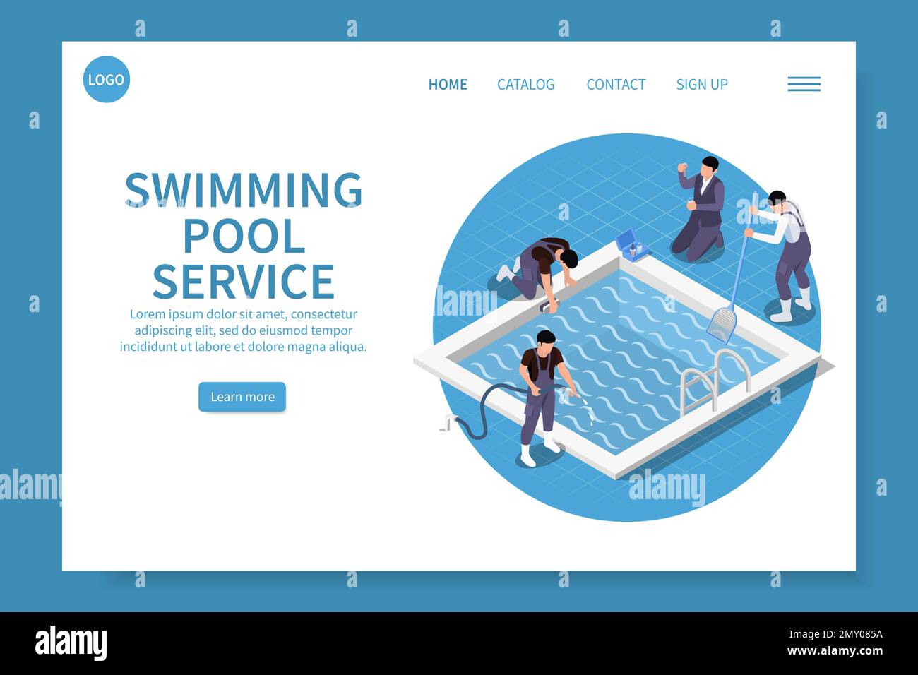 Swimming pool maintenance service isometric web site landing page with ...