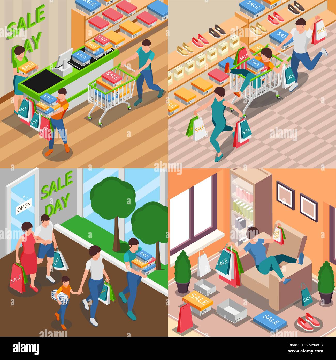 Shopping people isometric set of four square compositions with human ...