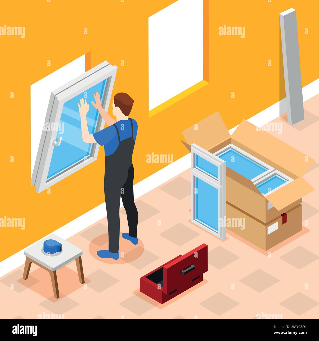 Plastic windows isometric concept with male worker doing indoors ...