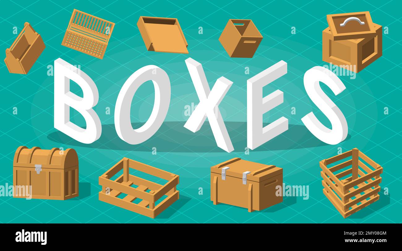 Boxes composition with text and set of isolated wooden pallet packages ...