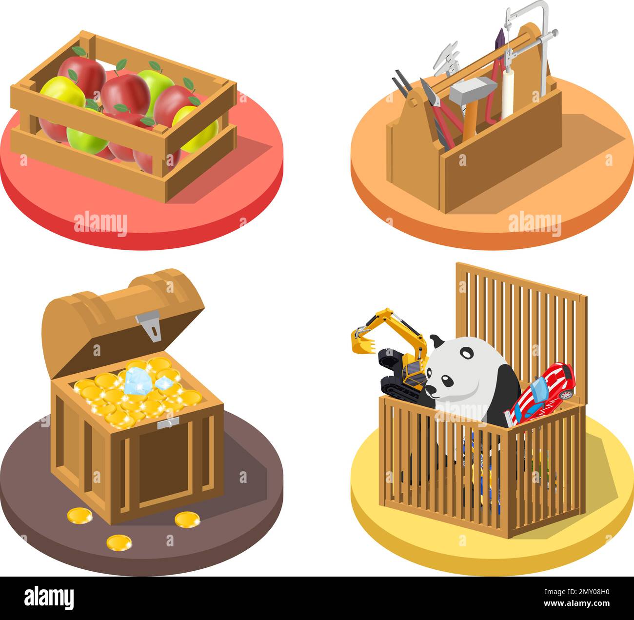 Boxes 3d 2x2 set with isolated icons of wooden boxes filled with toys ...