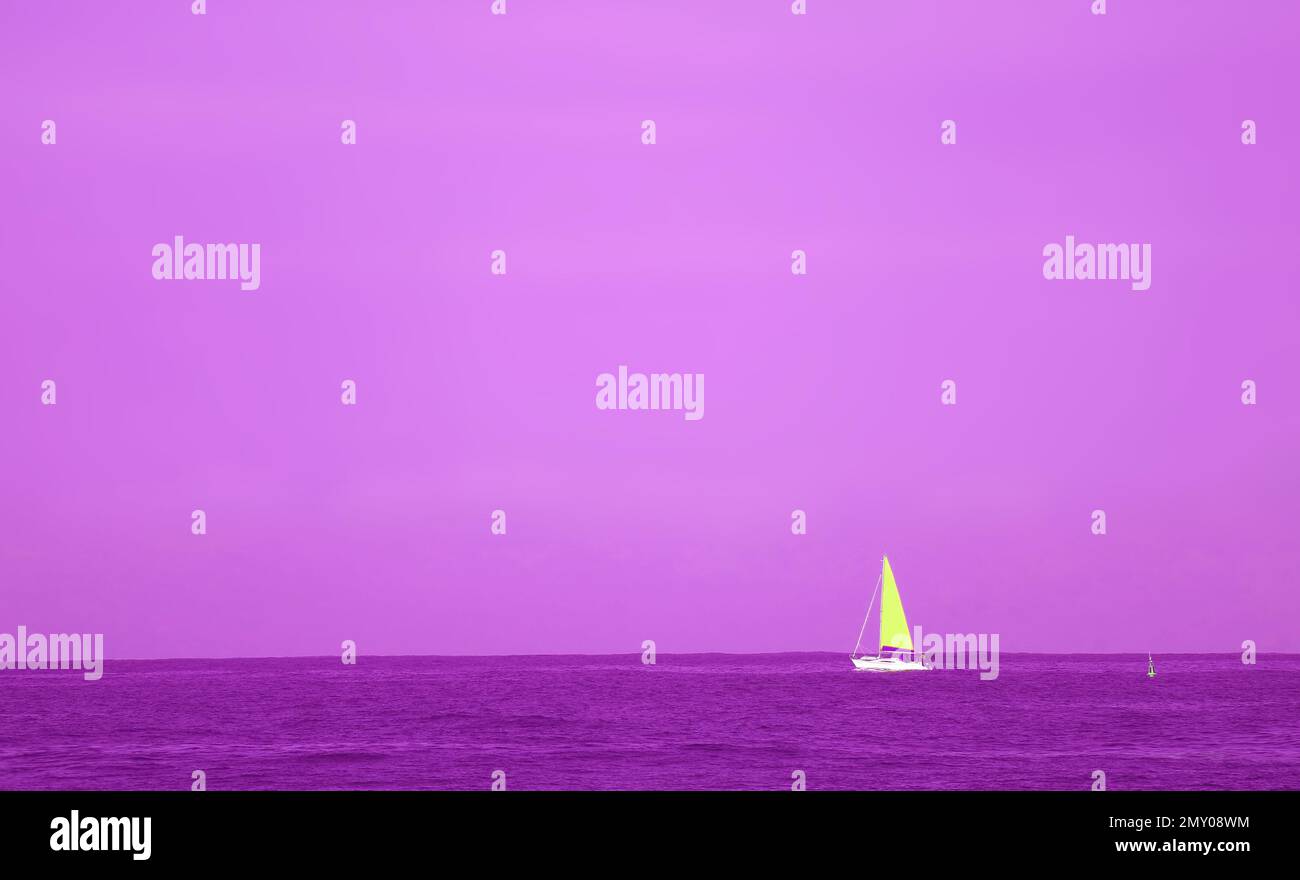 Surreal Pop Art Image of Yellow Sail Yacht in Sailing on the Purple ...