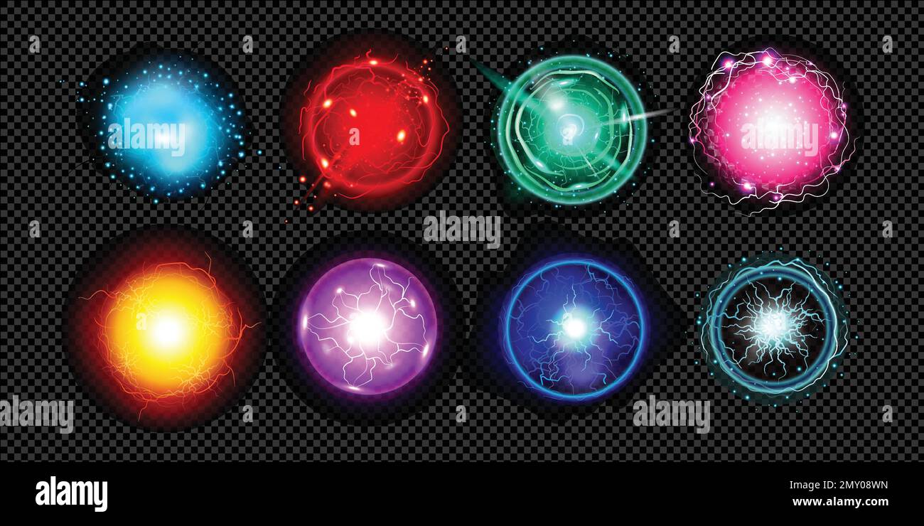 Realistic electric plasma sphere transparent set with isolated colorful ...